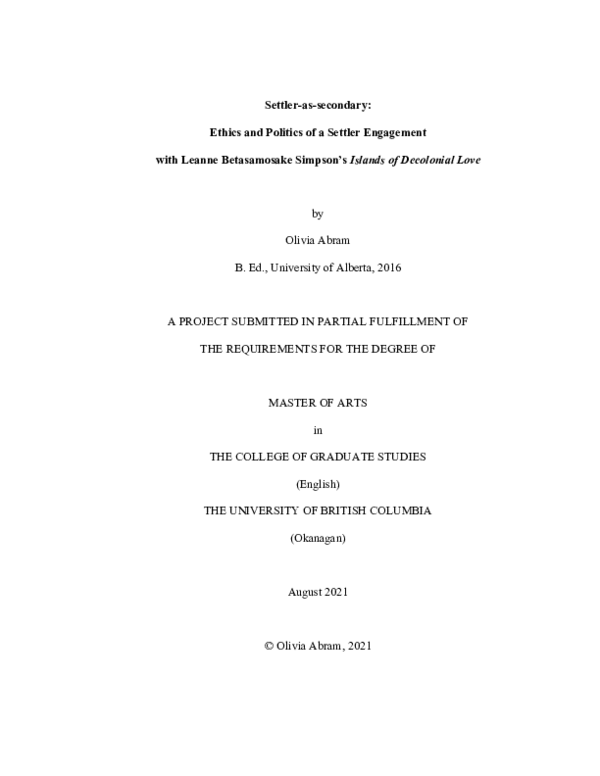 (PDF) Settler-as-secondary: Ethics and Politics of a Settler Engagement ...