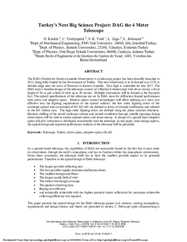 (PDF) Turkey's next big science project: DAG the 4 meter telescope