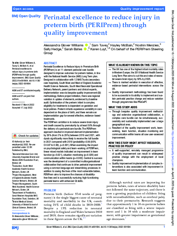 (PDF) Perinatal excellence to reduce injury in preterm birth (PERIPrem ...