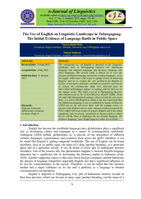 (PDF) The Use of English on Linguistic Landscape in Tulungagung: The Initial Evidence of ...