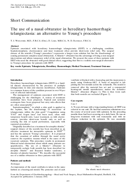 (PDF) The use of a nasal obturator in hereditary haemorrhagic ...