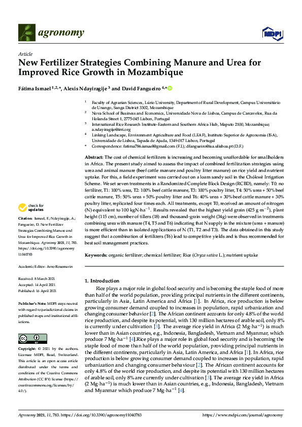 (PDF) New Fertilizer Strategies Combining Manure and Urea for Improved Rice Growth in Mozambique
