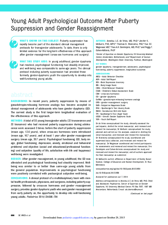 (PDF) Young adult psychological outcome after puberty suppression and ...