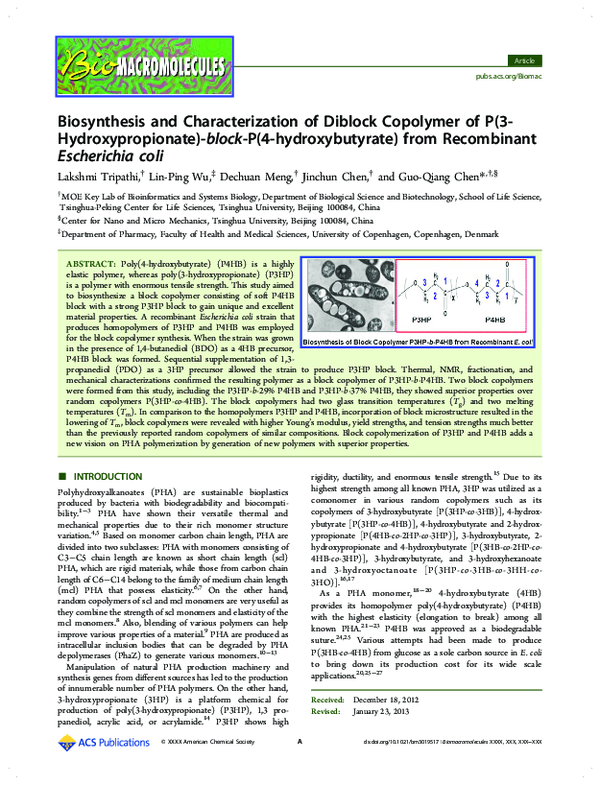 (PDF) Biosynthesis and Characterization of Diblock Copolymer of P(3-Hydroxypropionate)-block-P(4 ...