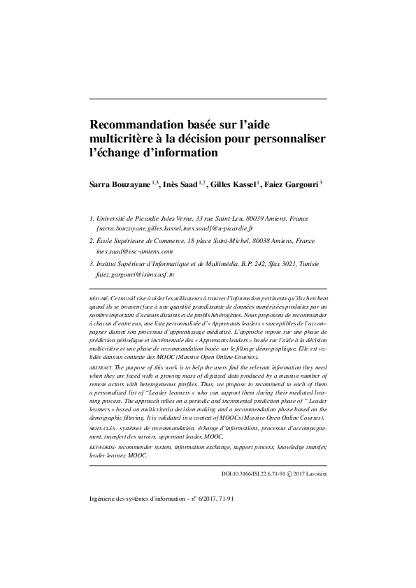 (PDF) Recommandation basée sur l’aide multicritère à la décision pour personnaliser l’échange d ...