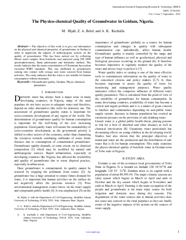 (PDF) The Physico-chemical Quality of Groundwater in Geidam, Nigeria