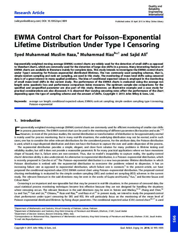 (PDF) EWMA Control Chart for Poisson-Exponential Lifetime Distribution Under Type I Censoring