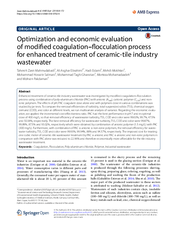 (PDF) Optimization and economic evaluation of modified coagulation-flocculation process for ...