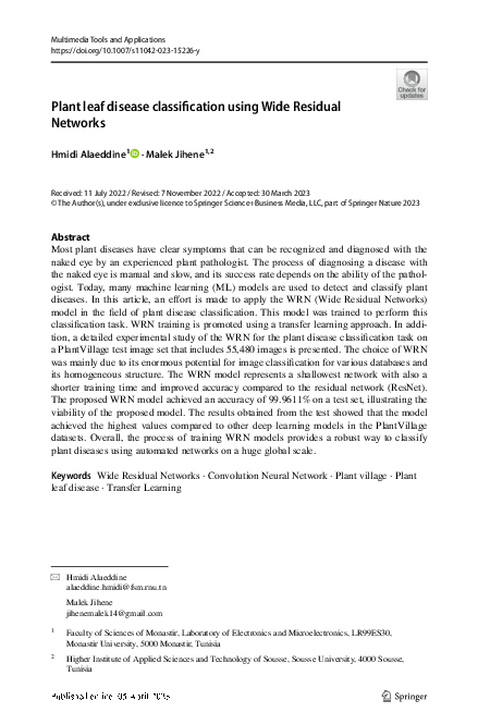 (PDF) Plant leaf disease classification using Wide Residual Networks