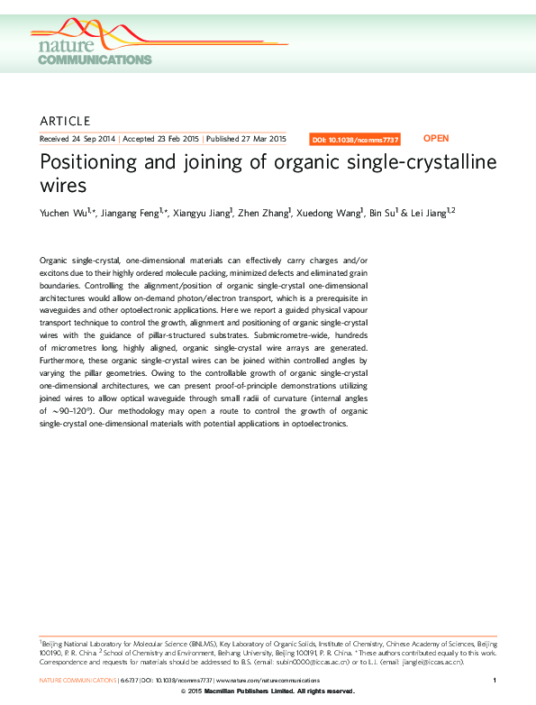 (PDF) Controllable Growth and Joining of Organic Single-Crystal Wires
