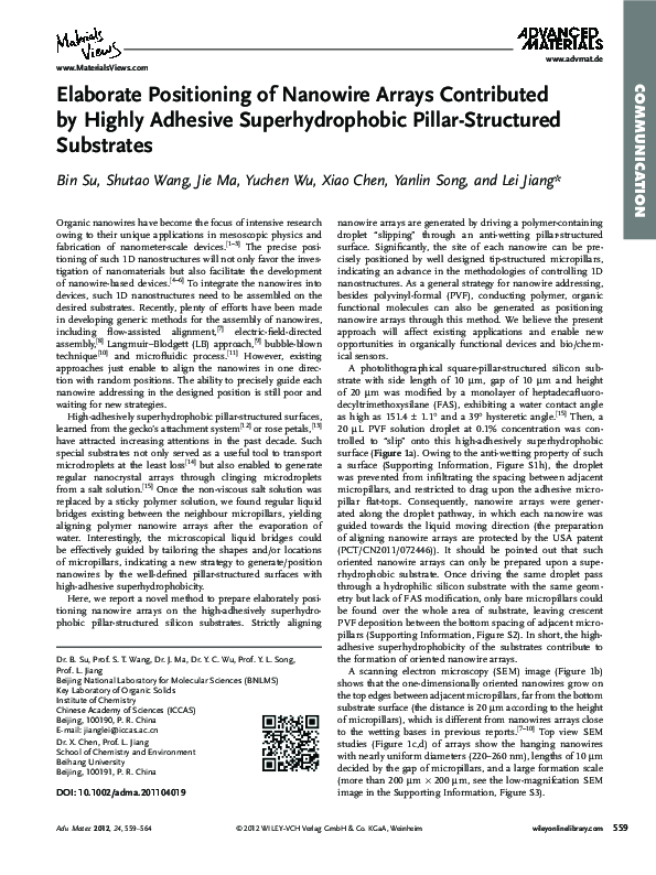 (PDF) Elaborate Positioning of Nanowire Arrays Contributed by Highly ...