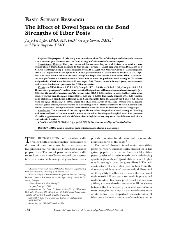 (PDF) The Effect of Dowel Space on the Bond Strengths of Fiber Posts