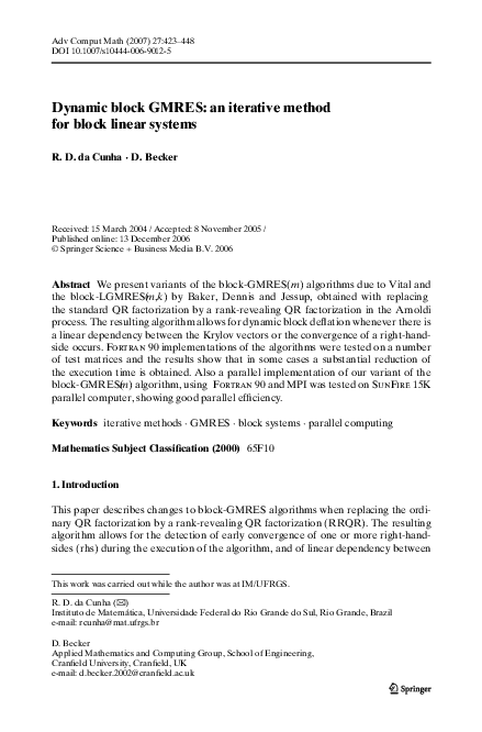 Pdf Dynamic Block Gmres An Iterative Method For Block Linear Systems