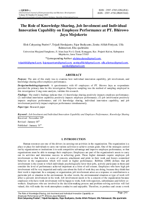 (PDF) The Role of Knowledge Sharing, Job Involment and Individual Innovation Capability on ...