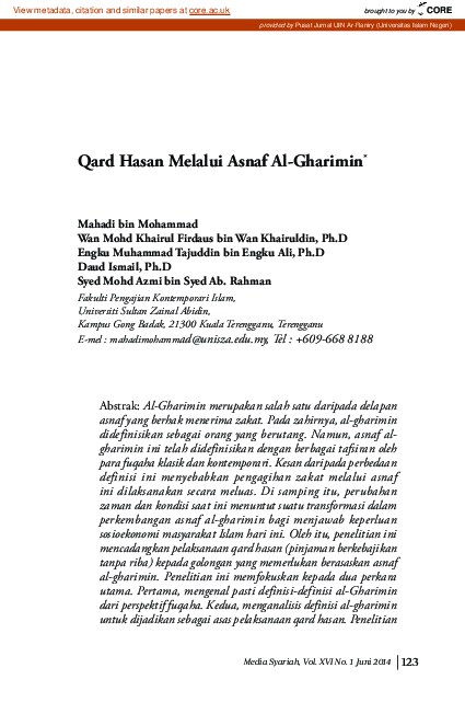 (PDF) Qard Hasan Melalui Asnaf Al-Gharimin