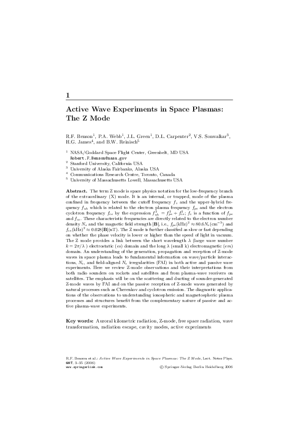 (PDF) Active Wave Experiments in Space Plasmas: The Z Mode