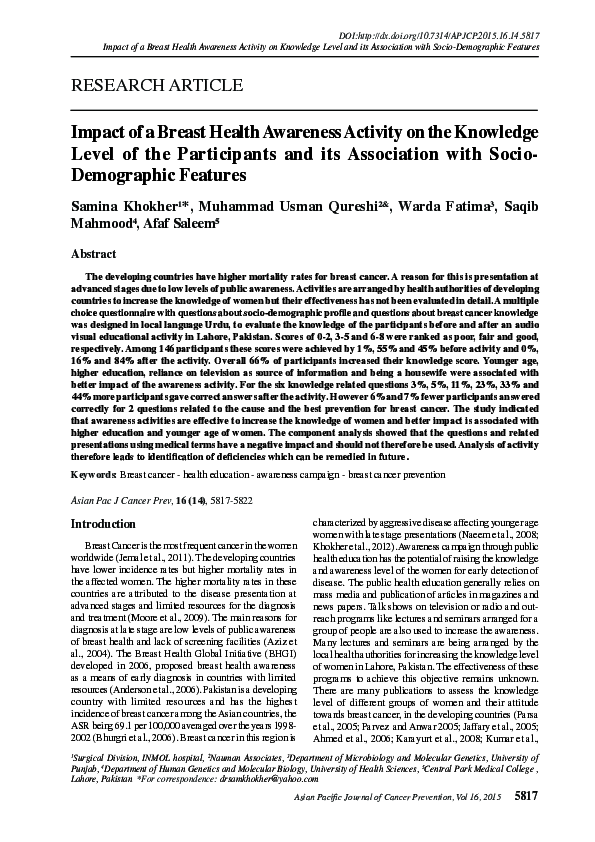 (PDF) Impact of a Breast Health Awareness Activity on the Knowledge ...