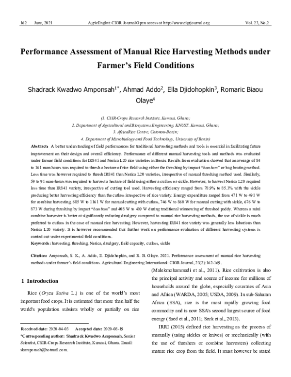 (PDF) Performance Assessment of Manual Rice Harvesting Methods under ...