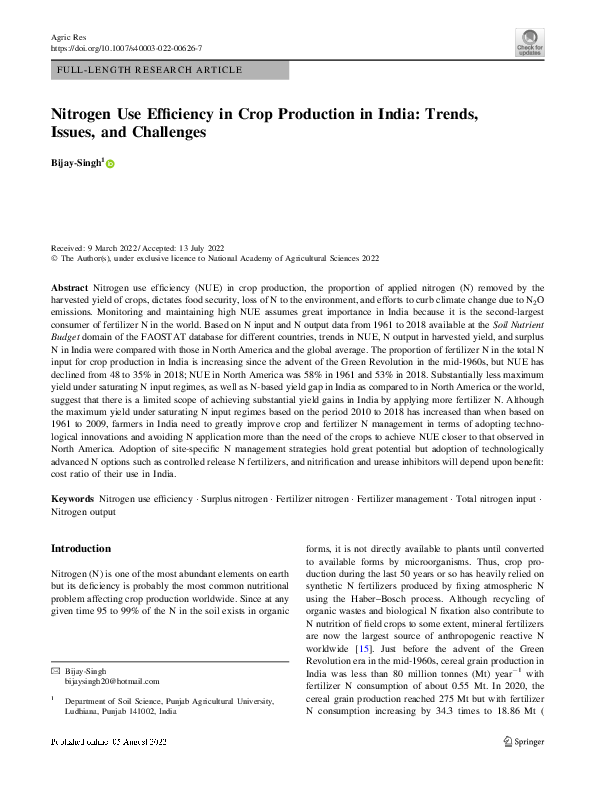 (PDF) Nitrogen Use Efficiency in Crop Production in India: Trends ...