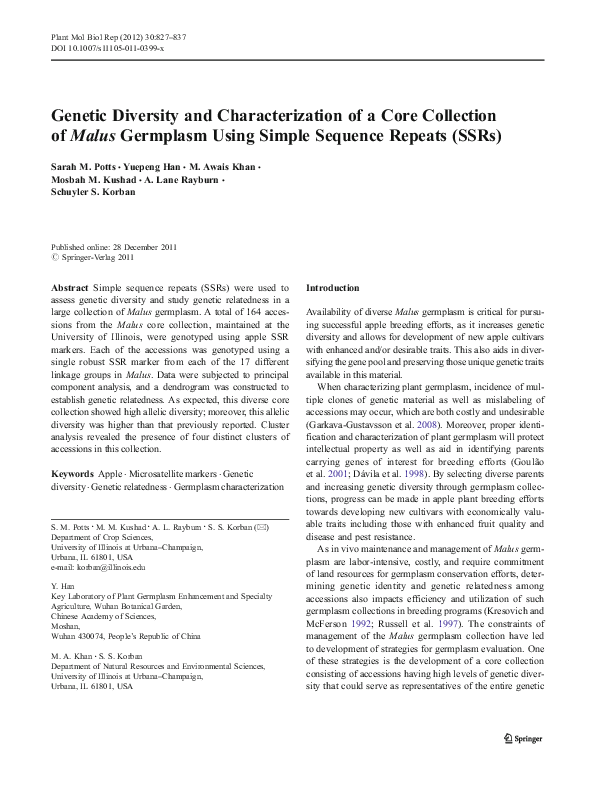 (PDF) Genetic Diversity and Characterization of a Core Collection of Malus Germplasm Using ...