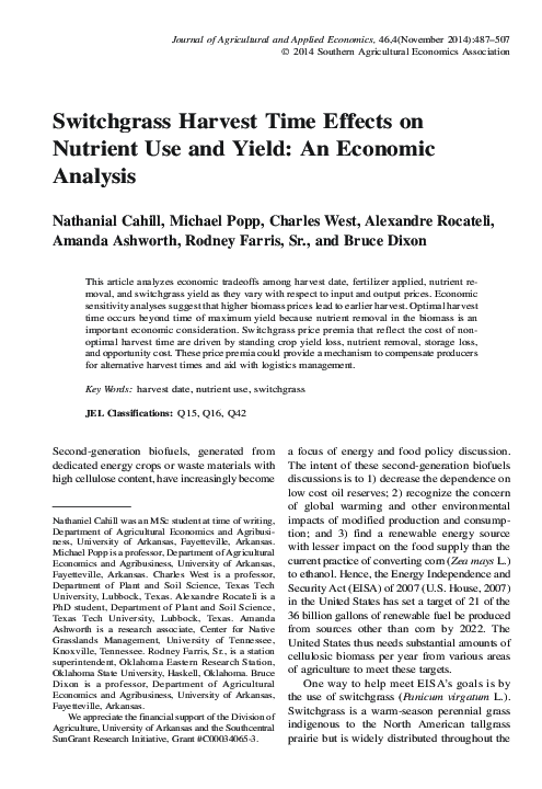 (PDF) Switchgrass Harvest Time Effects on Nutrient Use and Yield: An ...