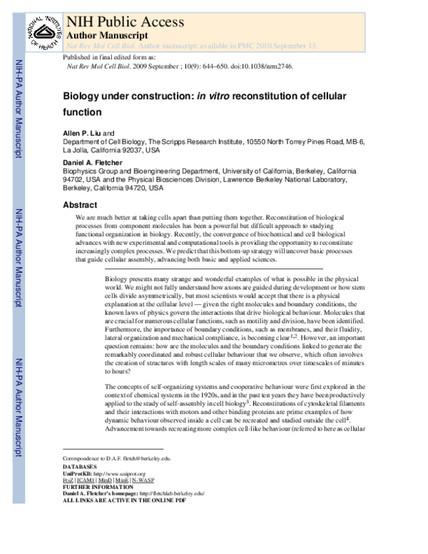 (PDF) Biology under construction: in vitro reconstitution of cellular ...
