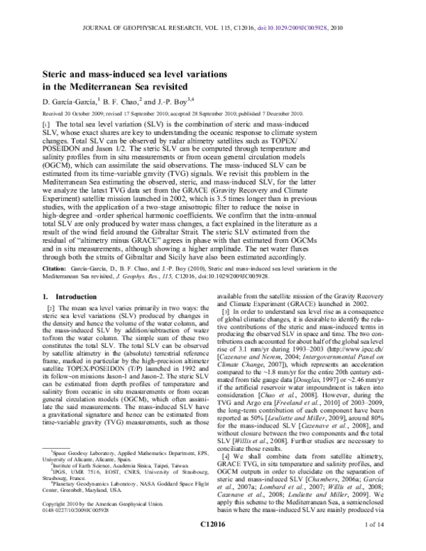 (PDF) Steric and mass‐induced sea level variations in the Mediterranean ...