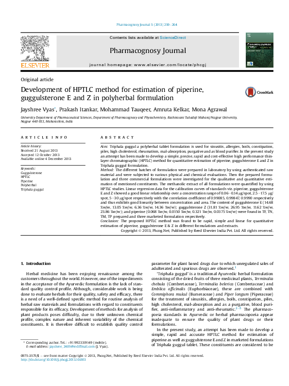 (PDF) Development of HPTLC method for estimation of piperine, guggulsterone E and Z in ...