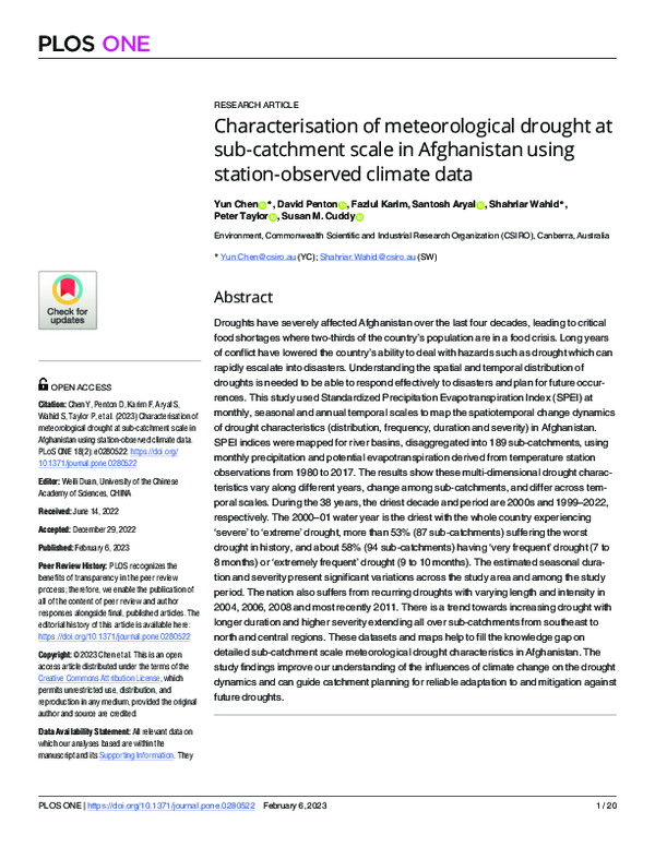 Pdf Characterisation Of Meteorological Drought At Sub Catchment Scale In Afghanistan Using