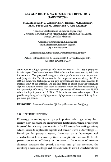 (PDF) 2.45 GHZ Rectenna Design for RF Energy Harvesting