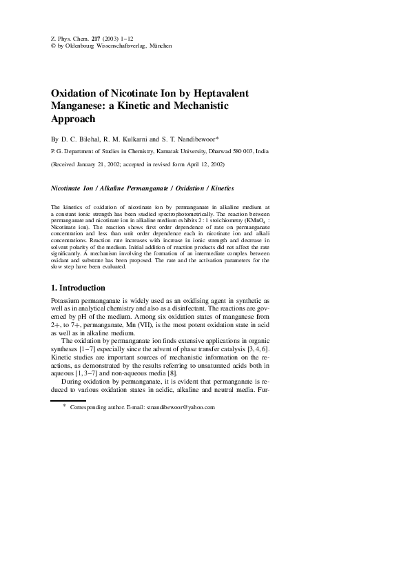 (PDF) Oxidation of Nicotinate Ion by Heptavalent Manganese: a Kinetic ...