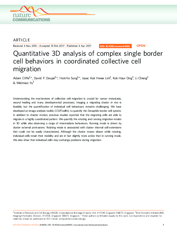 (PDF) Quantitative 3D analysis of complex single border cell behaviors in coordinated collective ...