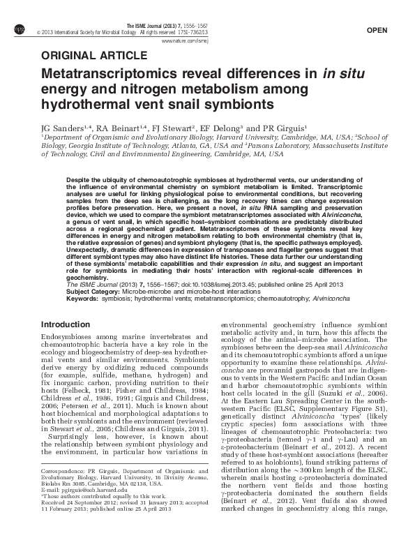 (PDF) Metatranscriptomics reveal differences in in situ energy and ...