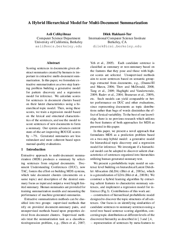 Pdf A Hybrid Hierarchical Model For Multi Document Summarization