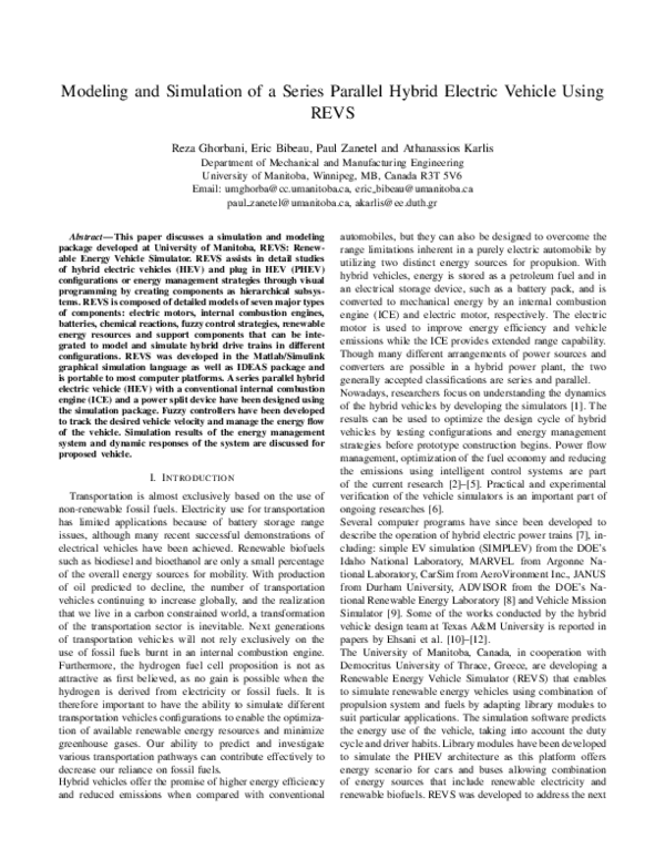 (PDF) Modeling and Simulation of a Series Parallel Hybrid Electric Vehicle Using REVS