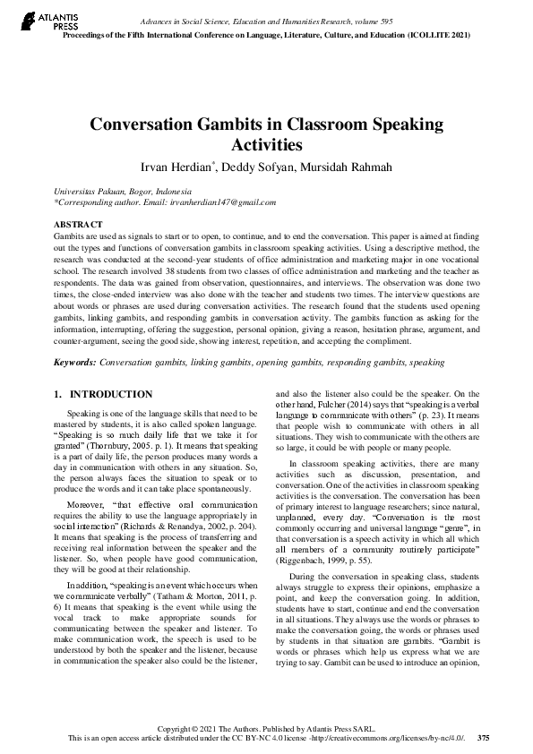 (PDF) Conversation Gambits in Classroom Speaking Activities