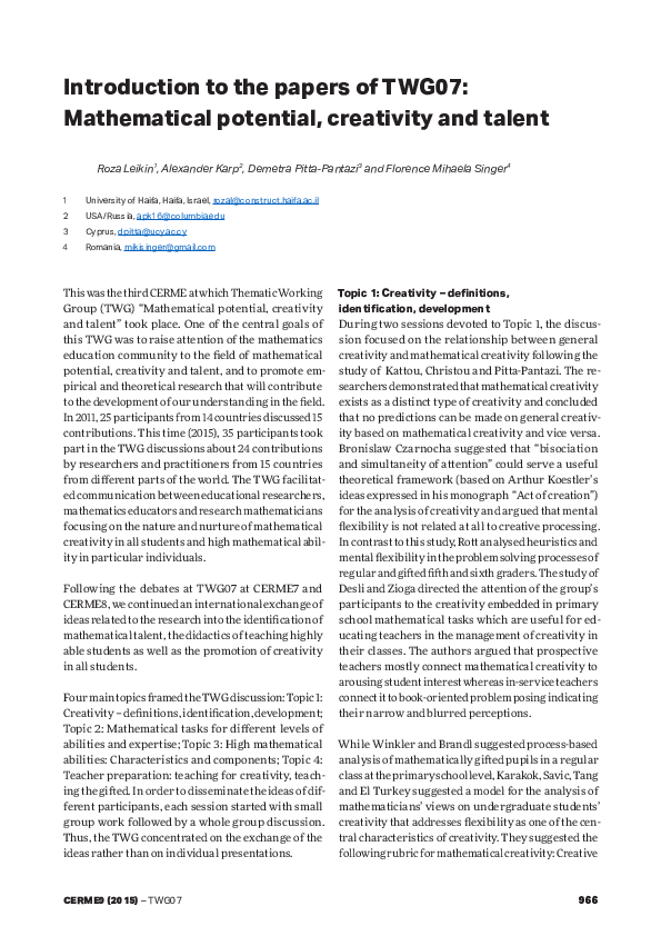 (PDF) Introduction to the papers of TWG07: Mathematical potential ...