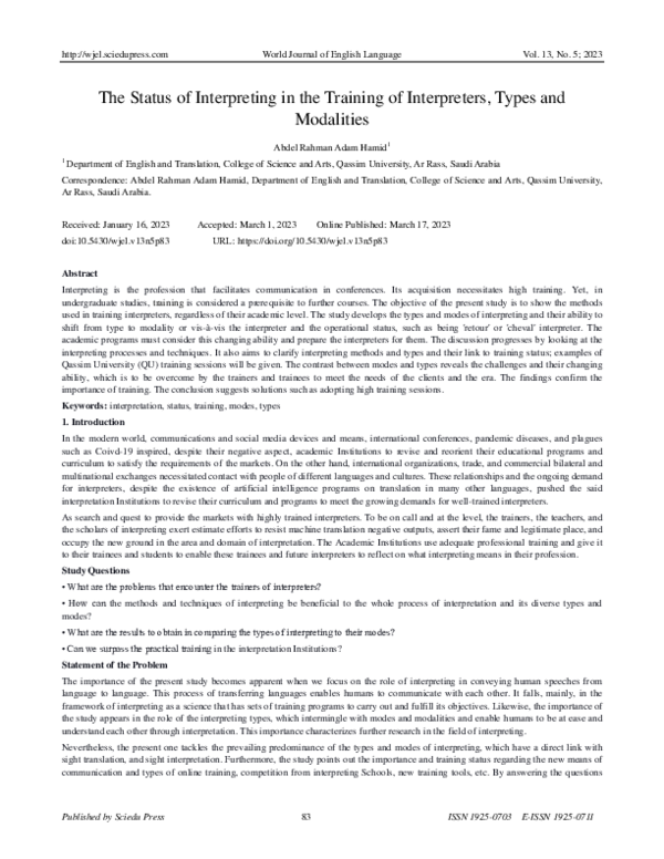 (PDF) The Status of Interpreting in the Training of Interpreters, Types ...