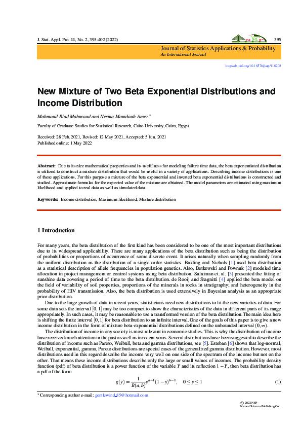 (PDF) New Mixture of Two Beta Exponential Distributions and Income Distribution