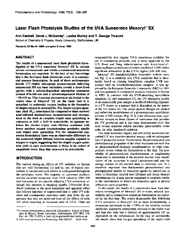 (PDF) Laser Flash Photolysis Studies of the UVA Sunscreen Mexoryl SX
