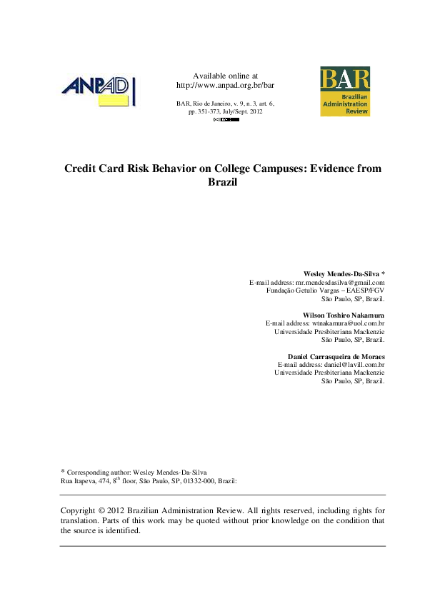 (PDF) Credit card risk behavior on college campuses: evidence from Brazil