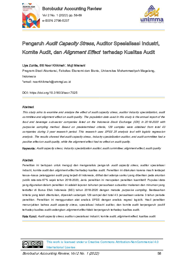(PDF) Pengaruh Audit Capacity Stress, Auditor Spesialisasi Industri, Komite Audit, dan Alignment ...