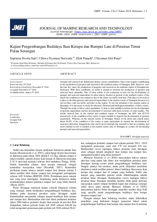 (PDF) Kajian Pengembangan Budidaya Ikan Kerapu dan Rumput Laut di ...