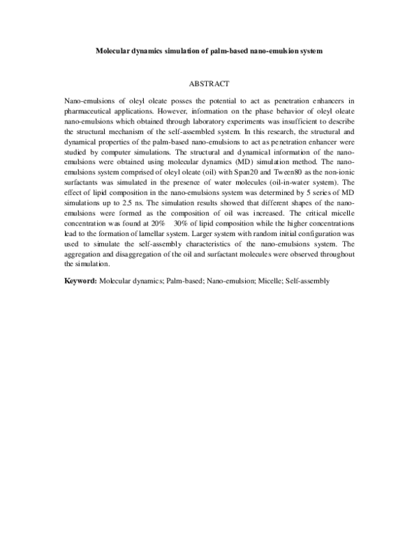 Pdf Molecular Dynamics Simulation Of Palm Based Nano Emulsion System