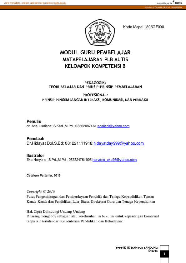 (PDF) Modul guru pembelajar mata pelajaran PLB autis kelompok kompetensi B