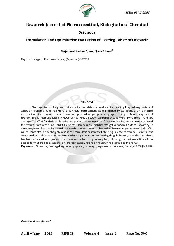 Pdf Formulation And Optimization Evaluation Of Floating Tablet Of Ofloxacin