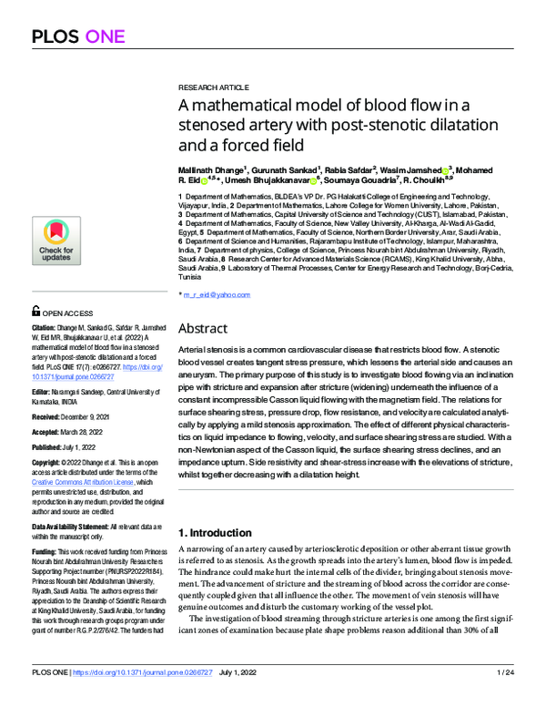 (PDF) A mathematical model of blood flow in a stenosed artery with post ...