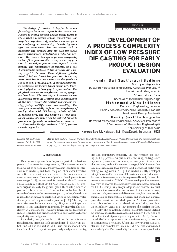 (PDF) Development of a process complexity index of low pressure die casting for early product ...