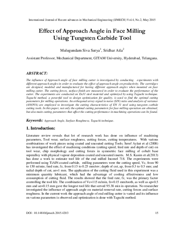 (PDF) Effect of Approach Angle in Face Milling Using Tungsten Carbide Tool
