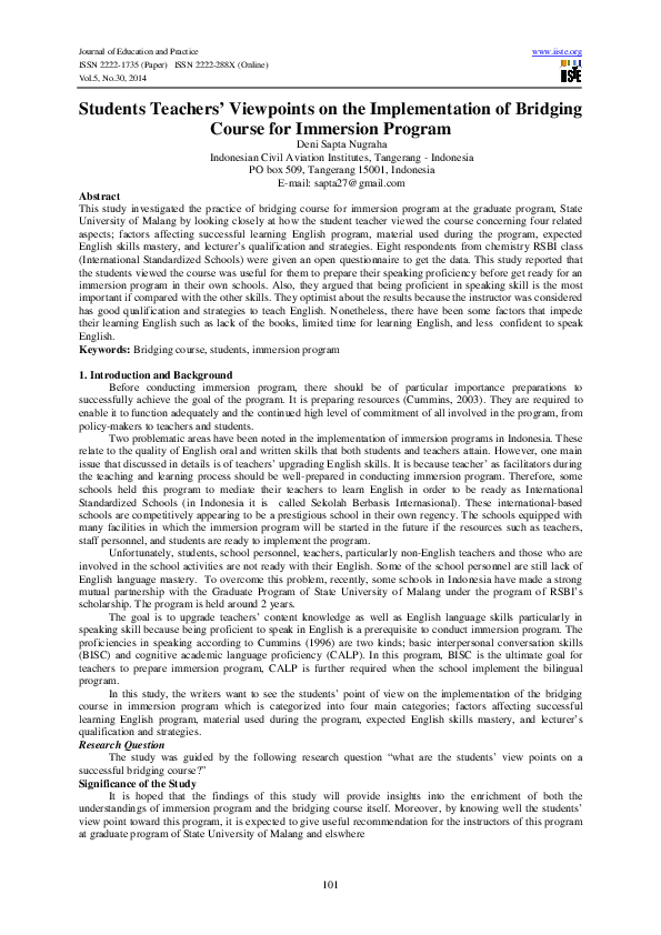 (PDF) Students Teachers’ Viewpoints on the Implementation of Bridging Course for Immersion Program